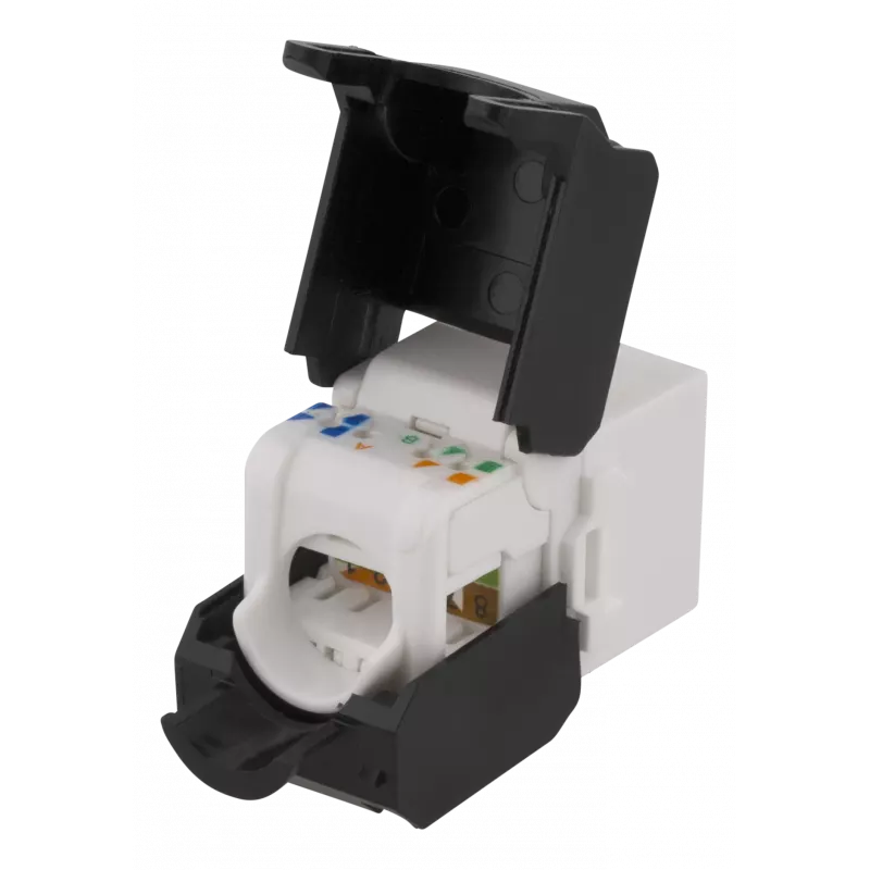 Cat6A Keystone jack, toolless clamp termination, plastic