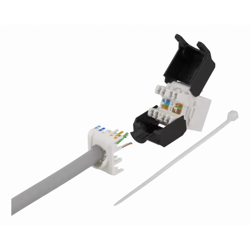 Cat6A Keystone jack, toolless clamp termination, plastic