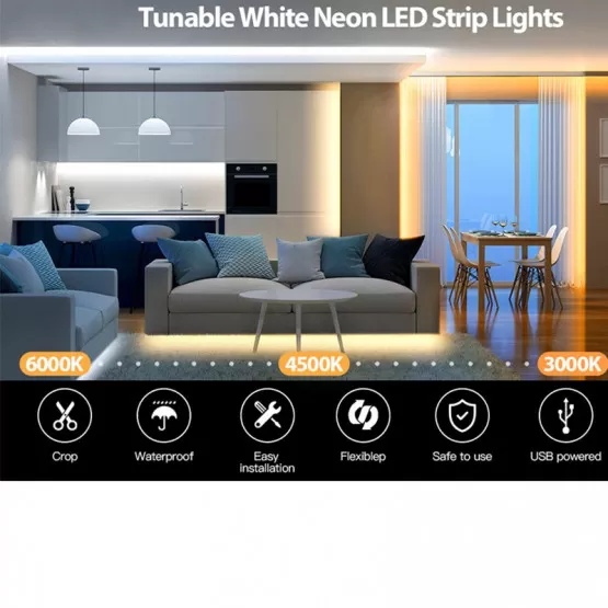 INF 6500K Hvid Neon LED Strip Lys - Touch Dæmpbar, USB Drevet med size 5 m