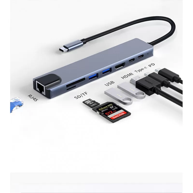 8 port USB-C hub med USB, UBC PD, HDMI, RJ45, hukommelseskort