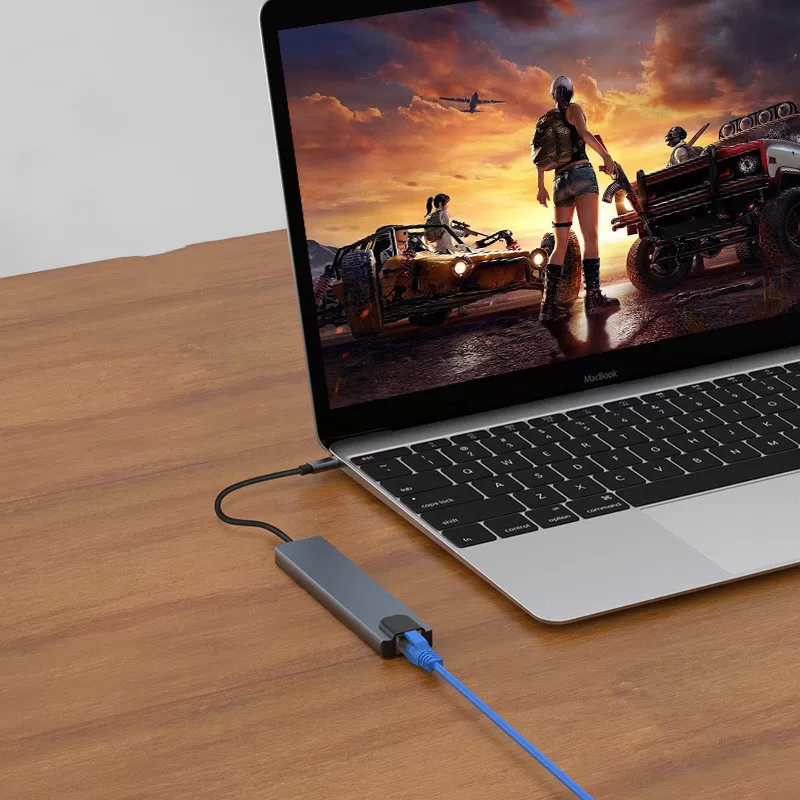 8 port USB-C hub med USB, UBC PD, HDMI, RJ45, hukommelseskort